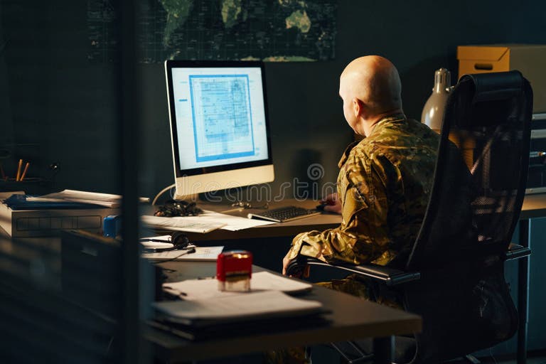 Person Working on Computer in Military Uniform Stock Image - Image of ...