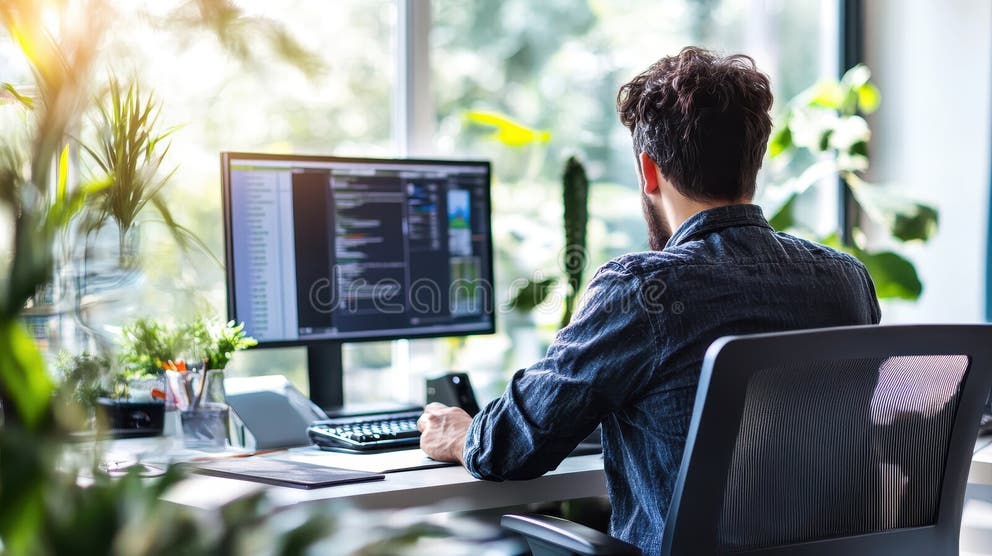 A Person Working on a Computer in a Plant-filled Office Space Stock ...