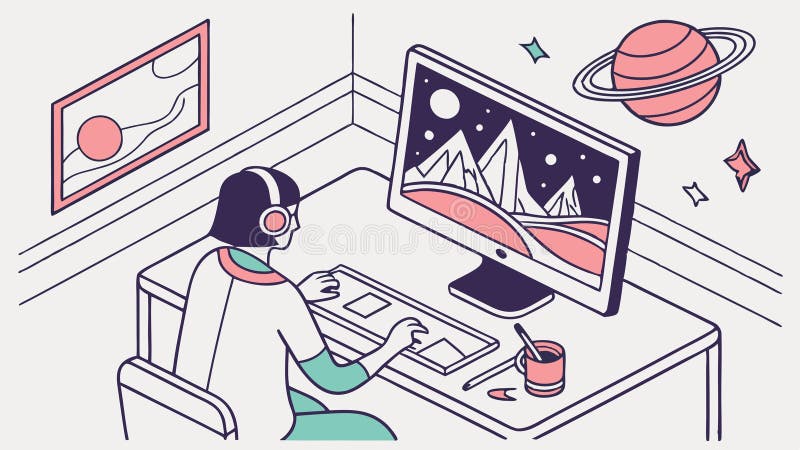 Person Working on Computer with Space Theme, Vector Design Generative ...