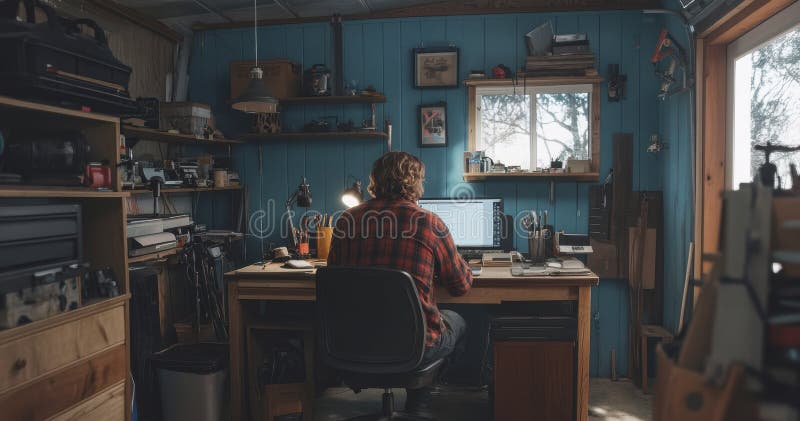 Person Working at Computer in Teal Workshop Stock Illustration ...