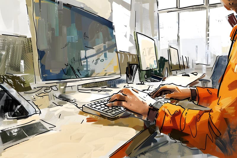 Person Working On Computer Typing On Keyboard In Office Setting With Multiple Screens