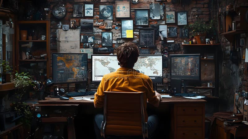 Person Working at Computer with World Maps on Screen - Realistic Image ...