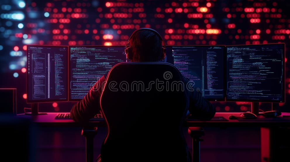 Person Working in Dark Room with Multiple Monitors Displaying Code and ...
