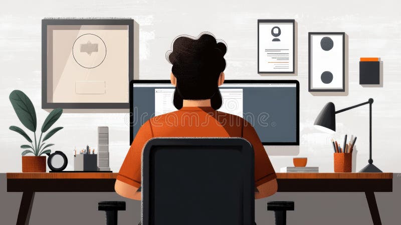 Person Working at a Desk with a Computer Stock Illustration ...