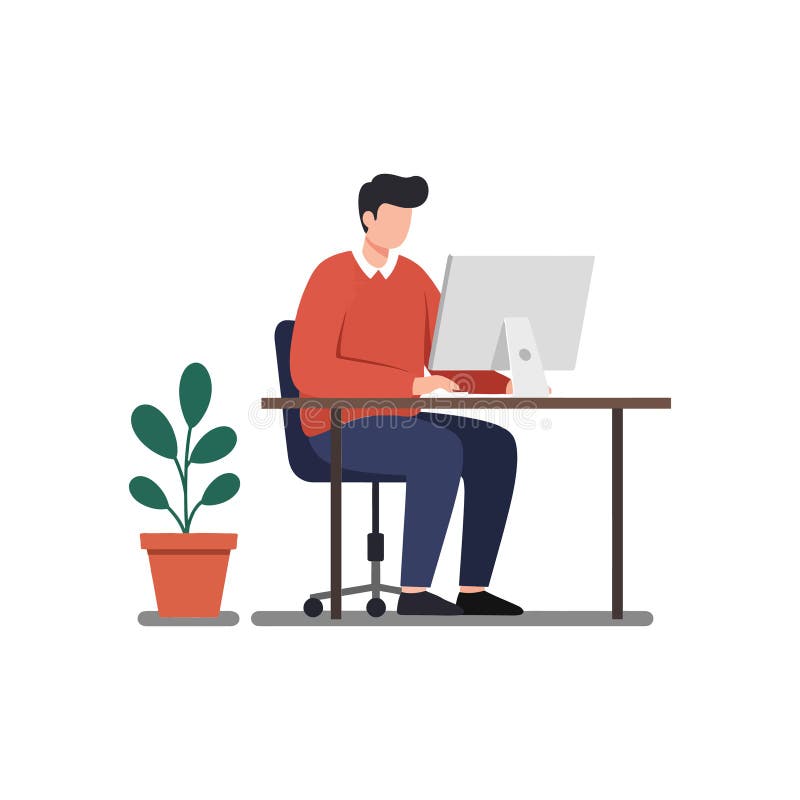 Person Working at Desk with Computer in Flat Design Style Vector ...