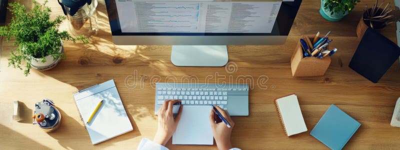 Person Working at Desk with Computer, Notebooks and Office Supplies ...