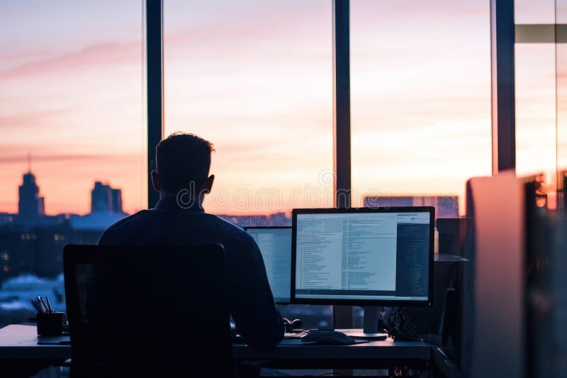 Person Working at Desk with Computer Screens during Sunset Stock Image ...