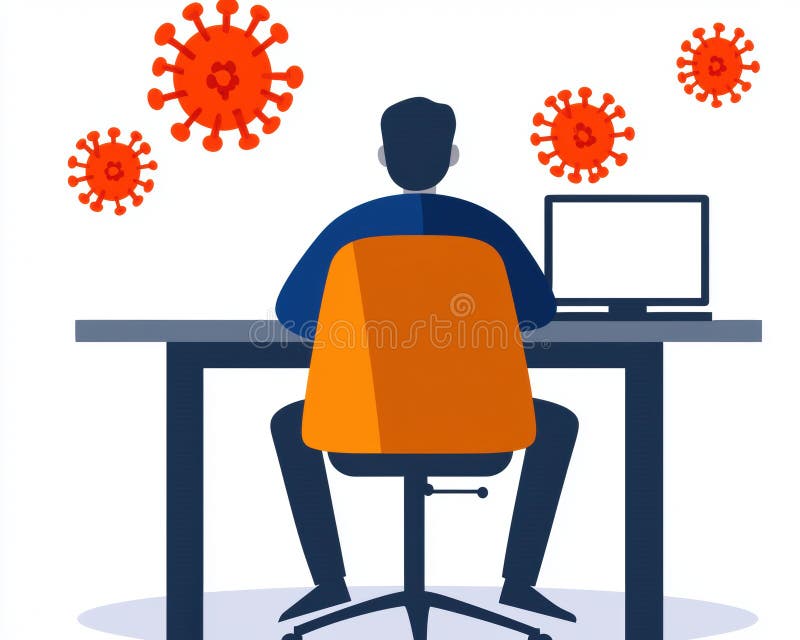 Person Working at Desk with Computer Surrounded by Abstract Virus ...