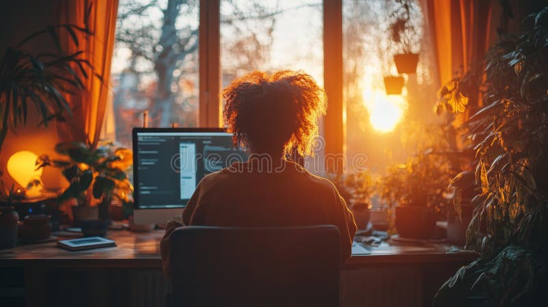 A Person Working at a Desk with a Computer, Surrounded by Plants while ...