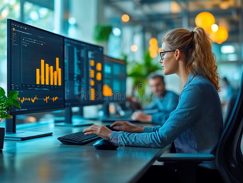 A Person Working at a Desk, Focused on Computer with Graphs and Charts ...
