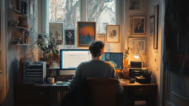 Person Working at a Desk in a Home Office with a Window View Stock ...