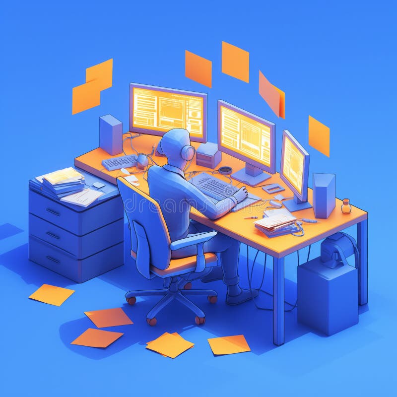 Person Working Desk Multiple Monitors Scattered Papers Blue Digital ...