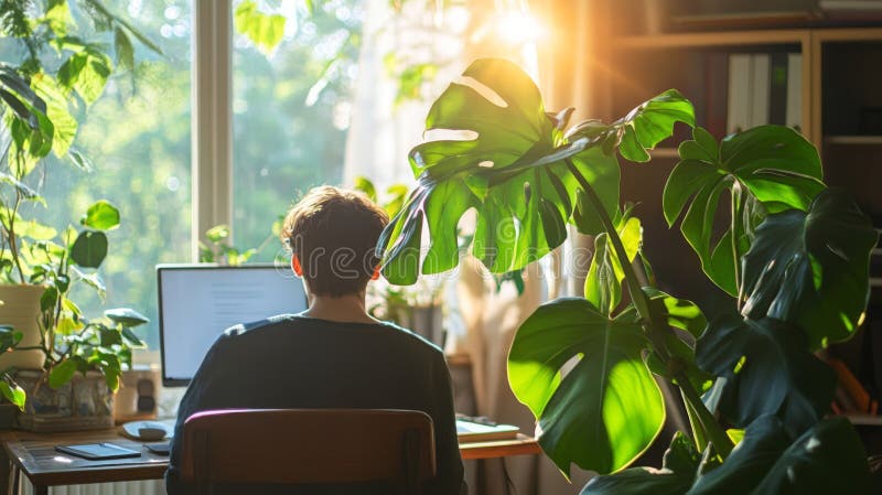 Person Working at a Desk with Sunlight and Plants Stock Illustration ...