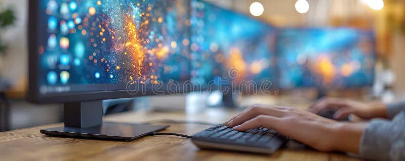 Person Working on Desktop Computer with Bokeh Stock Photo - Image of ...
