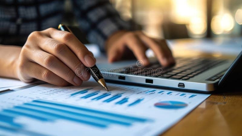 Person Working at Desk with Laptop and Pen Stock Image - Image of ...