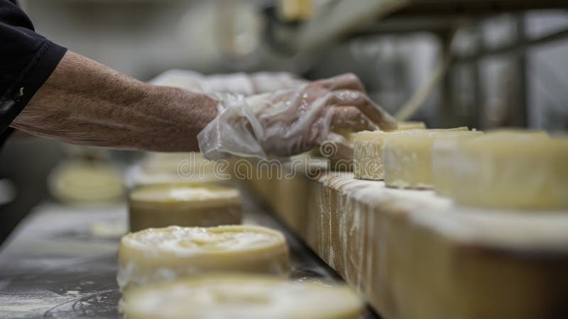 A Person Working in a Factory, Assembling Cheese on a Conveyor Belt ...