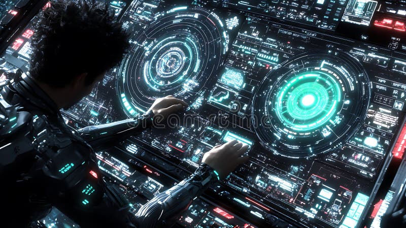 A Person is Working on a Futuristic Glowing Control Panel Stock ...