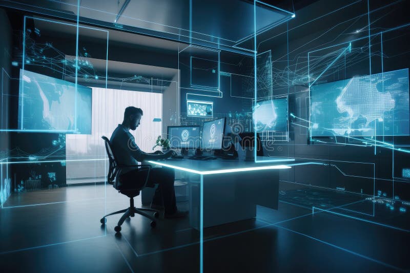 Person, Working in Futuristic Office Space with Holographic Visuals ...