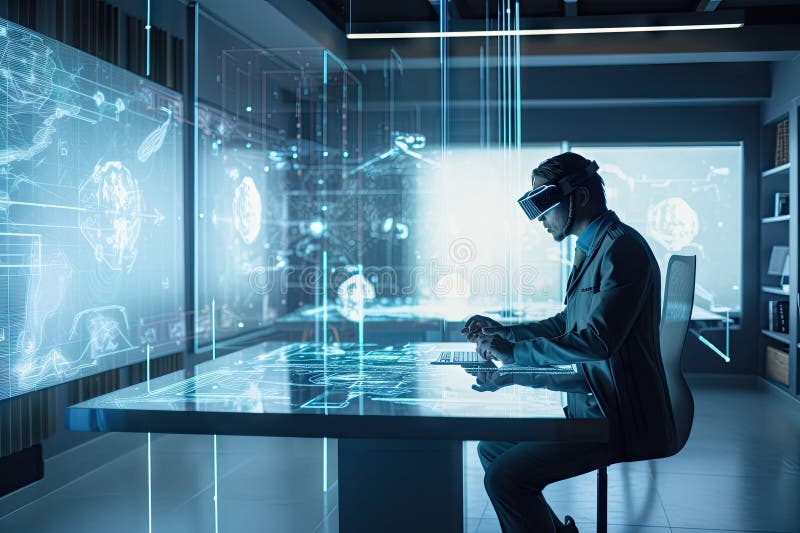 Person, Working in Futuristic Office Space with Holographic Visuals ...