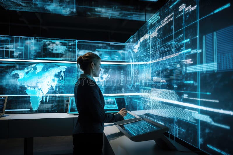 Person, Working in Futuristic Office Space with Holographic Visuals ...