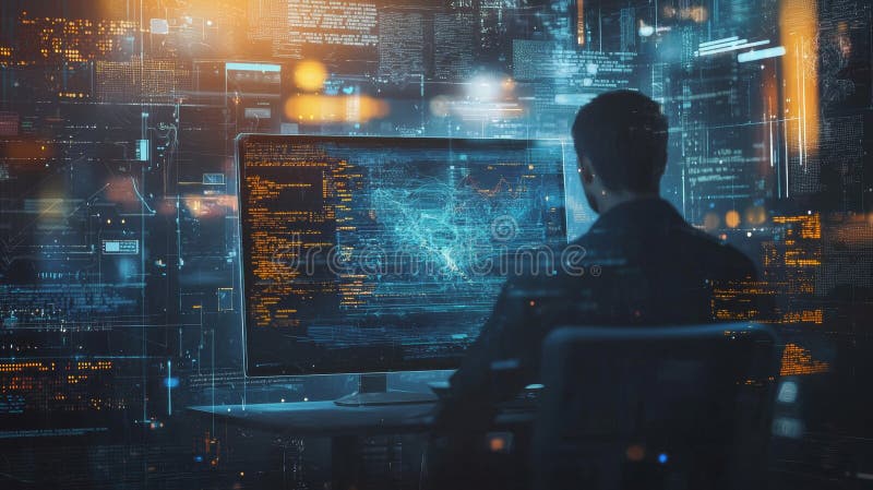 Person Working in a High-tech Environment with Data on Screen Stock ...