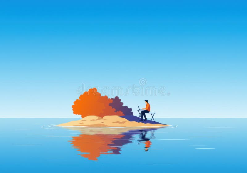 Person Working on Island with Computer and Tree Stock Illustration ...
