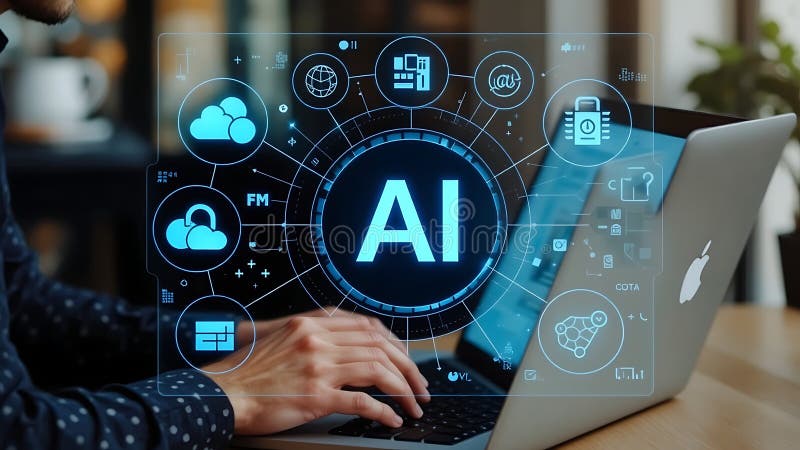Person Working on Laptop with Artificial Intelligence and Cloud Computing Technology Overlay ...