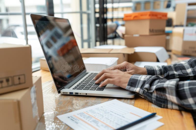 Person Working on Laptop among Boxes Stock Image - Image of mockup ...