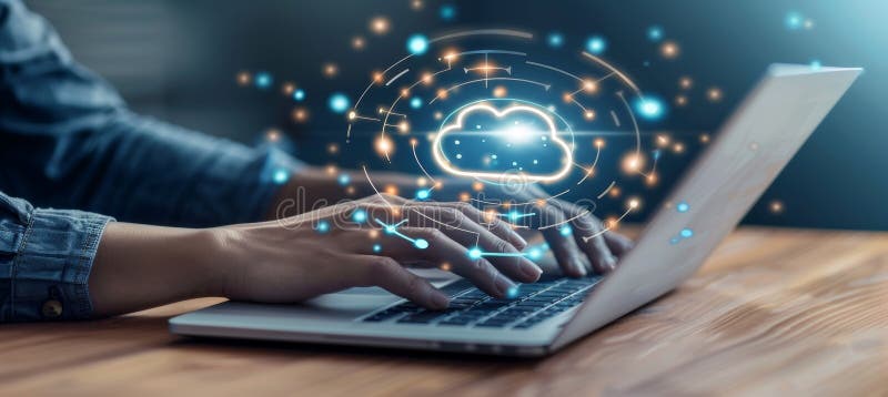 Person Working on Laptop with Cloud Computing Icon and Network ...
