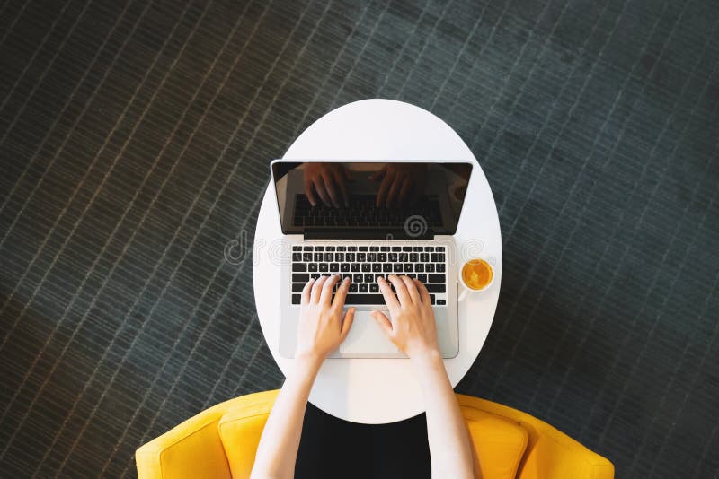 Person Working on a Laptop Computer from Overhead Stock Photo - Image ...
