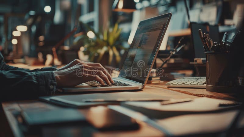 Person Working on a Laptop in a Cozy Office Environment Stock Photo ...