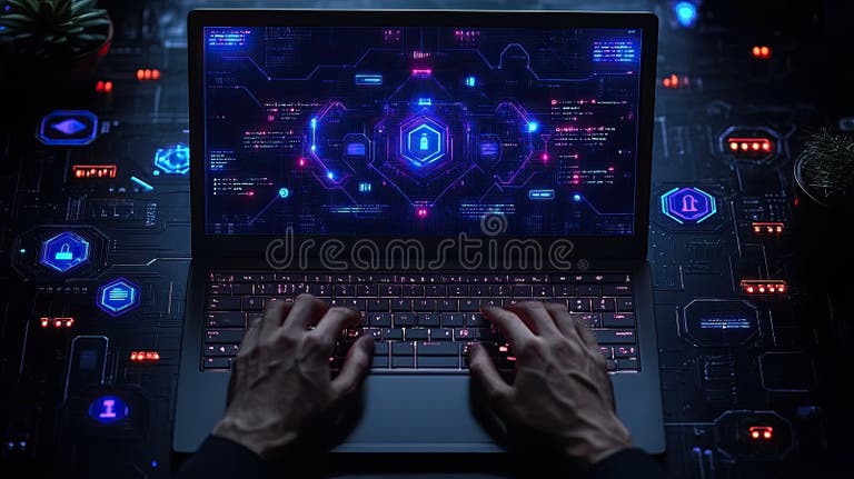 Cybersecurity Expert Working on Laptop with Futuristic Interface Stock ...