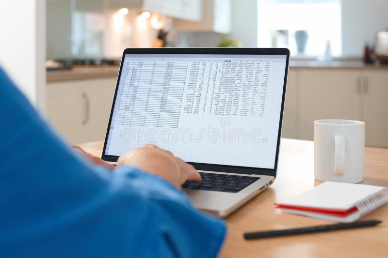 Person Working on a Laptop with Data Analysis in a Bright Kitchen Space ...