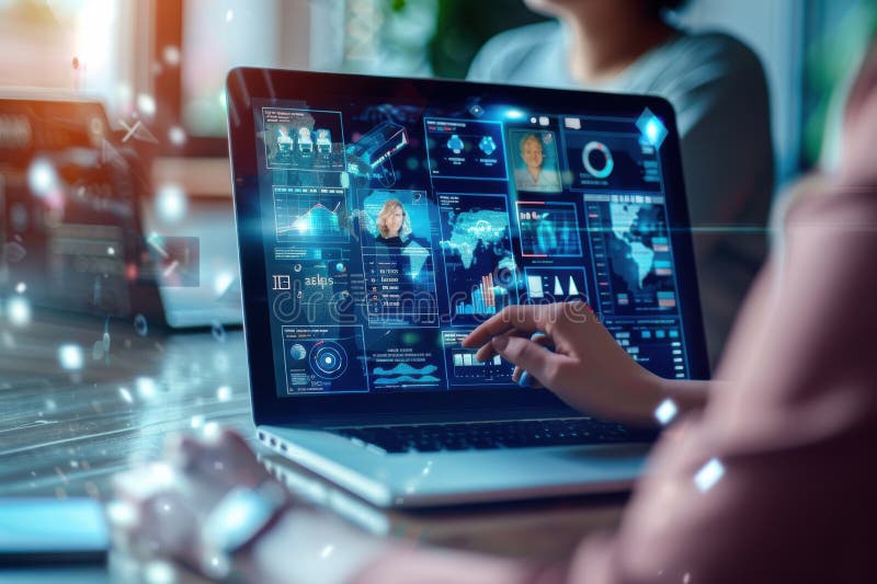 Person Working on a Laptop with Digital Interface Overlays in a ...