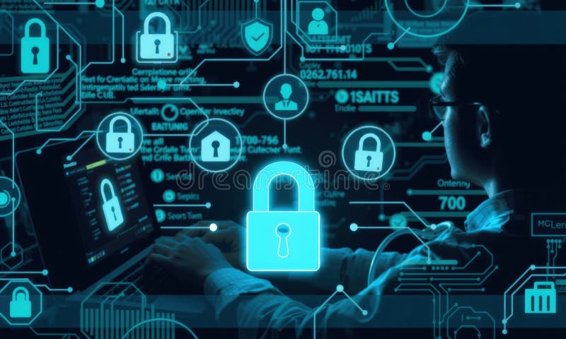 Person Working on Laptop with Digital Security Icons and Data ...