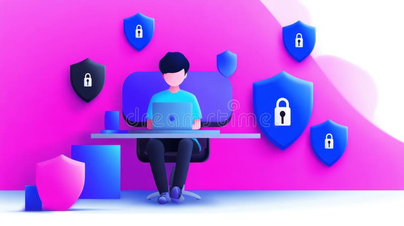 Secure Online Work Person Working on Laptop with Digital Security ...