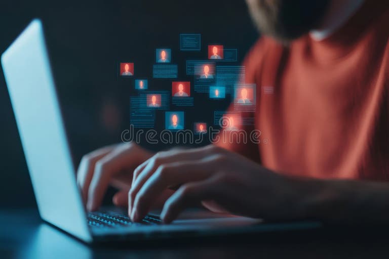 Person Working on Laptop with Digital User Profiles and Data ...