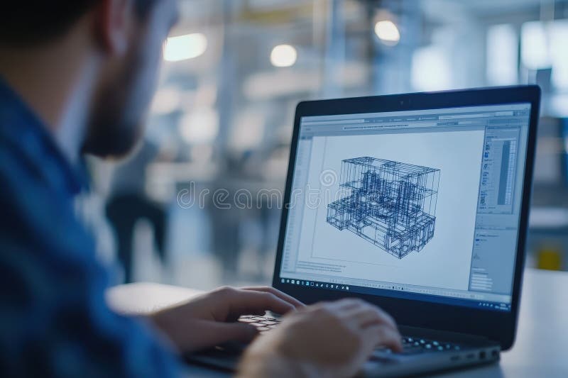 A Person Working on a Laptop Displaying a Technical Design or Blueprint ...