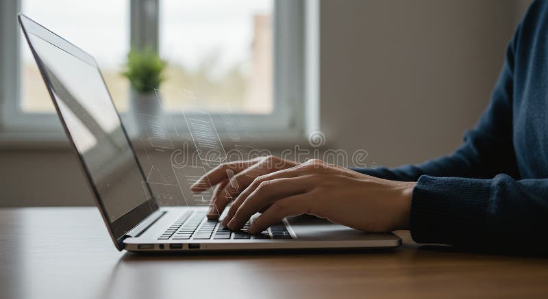 Person Working on Laptop with Document Management Software Interface ...