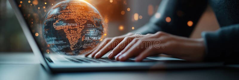 Person Working on Laptop with Global Communication Software. Digital ...