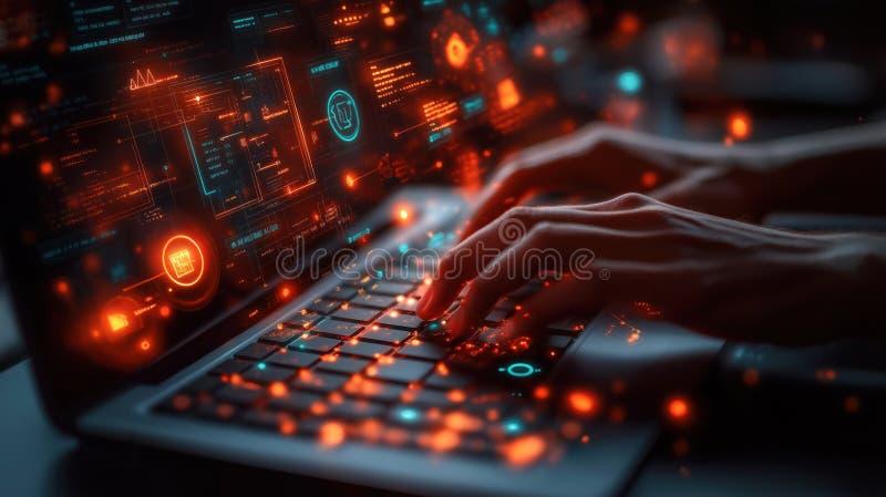 Person Working on Laptop with Glowing Interface. Hands Type on Keyboard ...