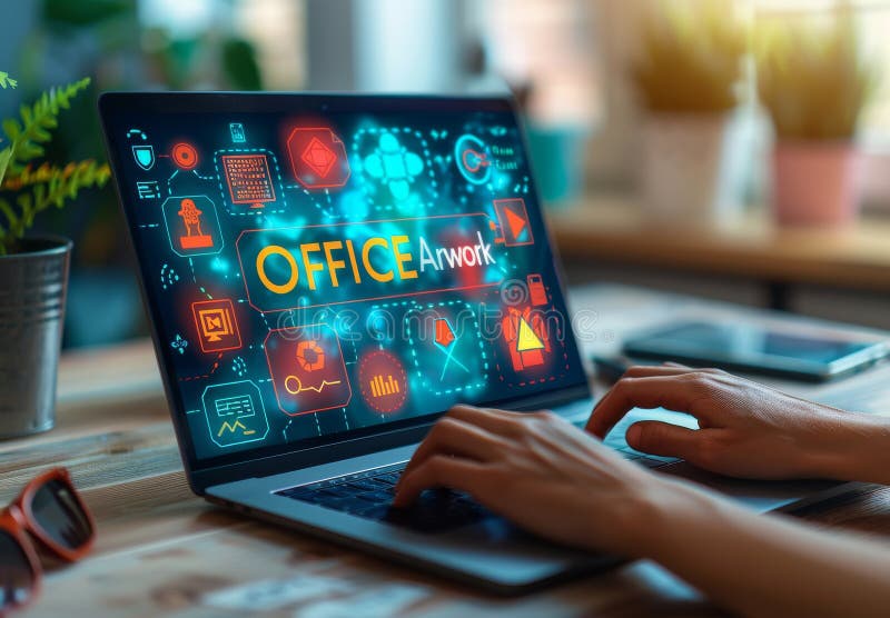 Person Working on a Laptop with Graphics Overlay Stock Illustration ...