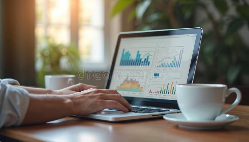 Person Working on Laptop. Hands Typing on Laptop Keyboard. Multiple Charts, Graphs Displayed on ...