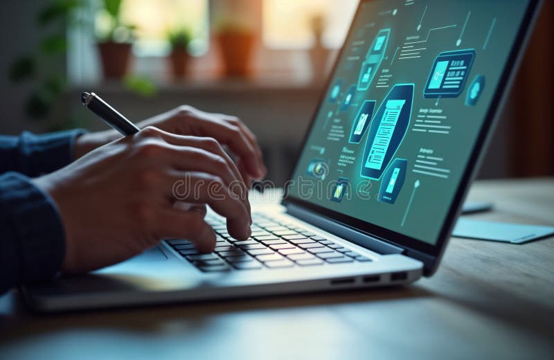 Person Working on Laptop. Hands Typing on Laptop Keyboard. Screen Shows ...