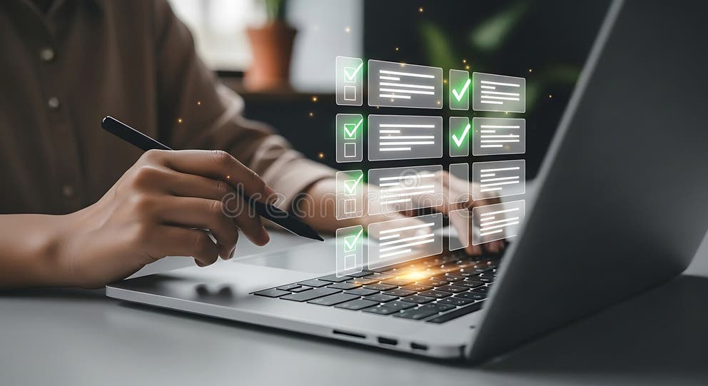Person Completing Online Checklist on Laptop with Digital Interface ...