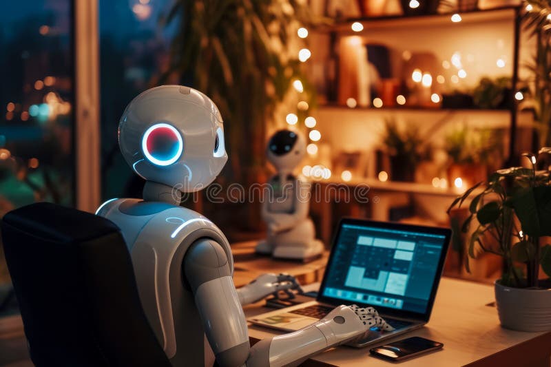Person Working on a Laptop in a Modern Home Office with a Robot ...