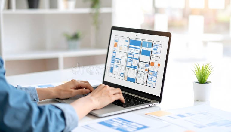 Person Working on Laptop with Multiple Open GUI Screens in Office ...