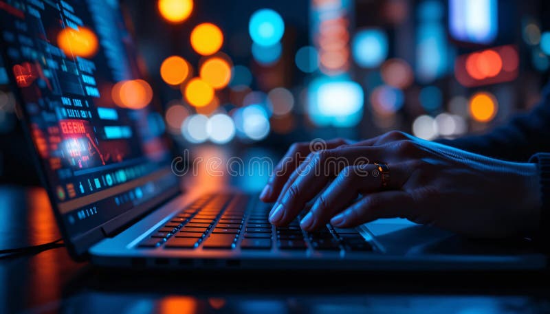 Person Working on Laptop at Night with City Lights in Background Stock ...