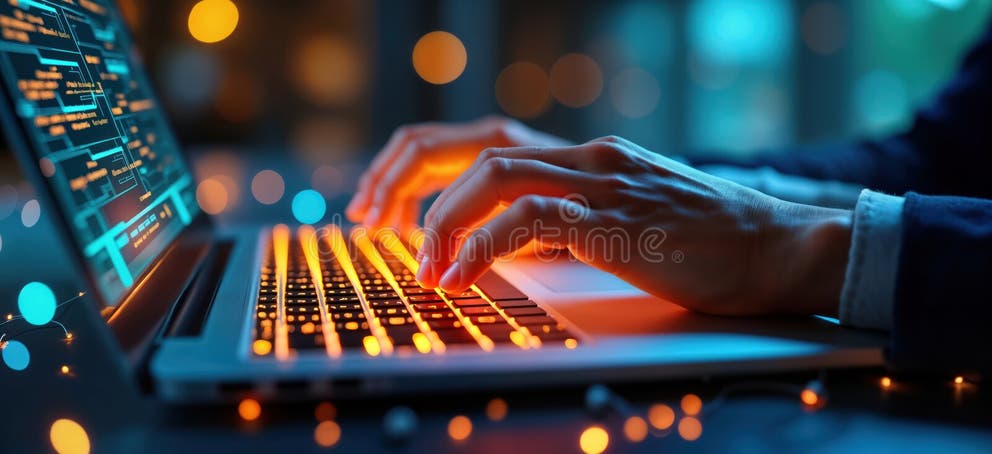 Person Working on Laptop at Night. Hands Typing on Glowing Keyboard ...