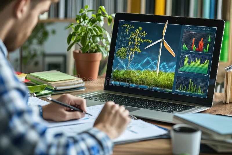 A Person Working on a Laptop with Renewable Energy Graphics, Featuring ...